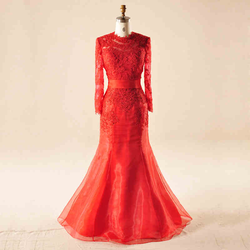 Hanyige Red Mesh Fishtail Lace Long-sleeved Dress Bridesmaid Dress Prom ...